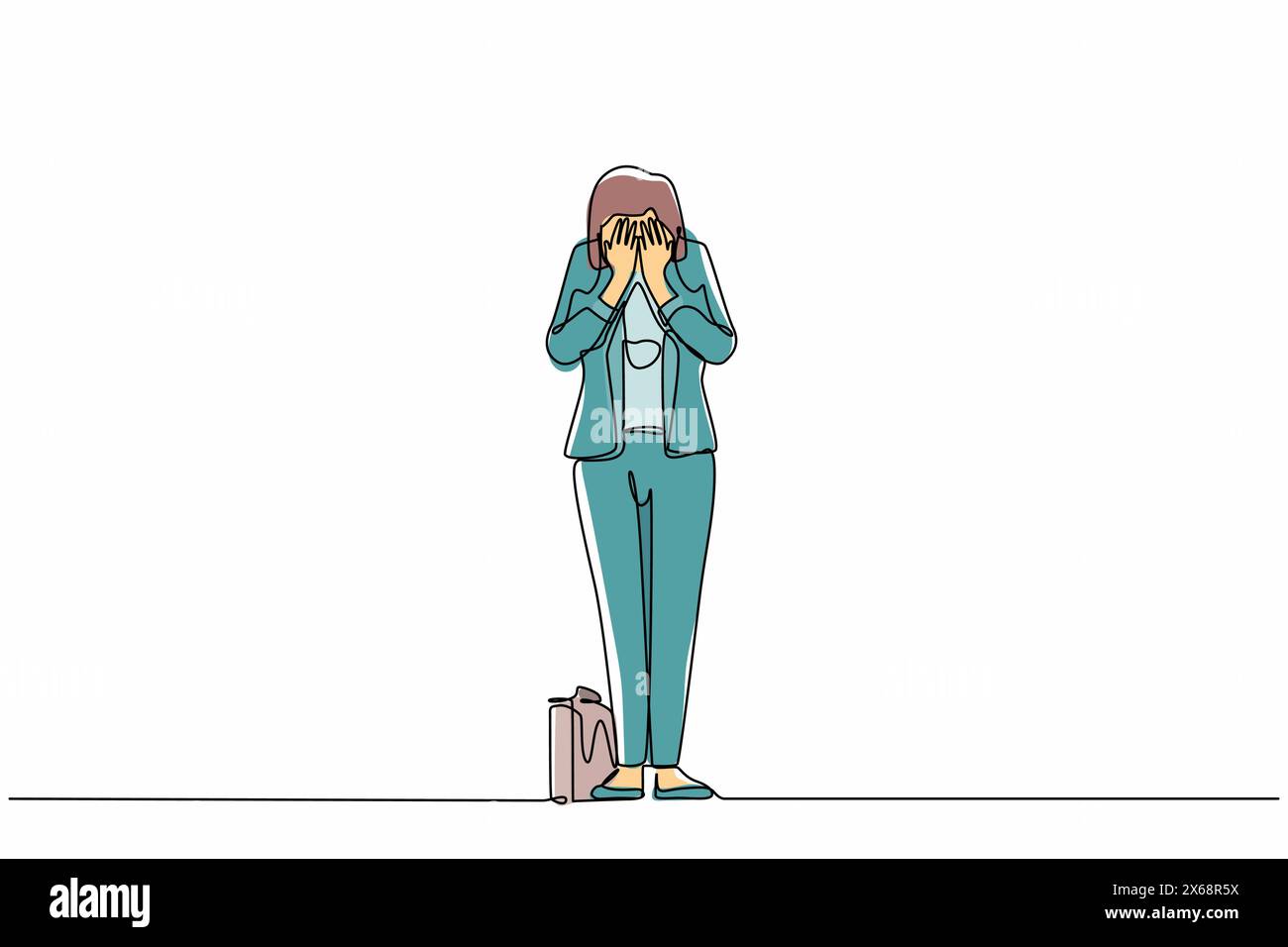 Continuous one line drawing businesswoman cover her face by hands and ...
