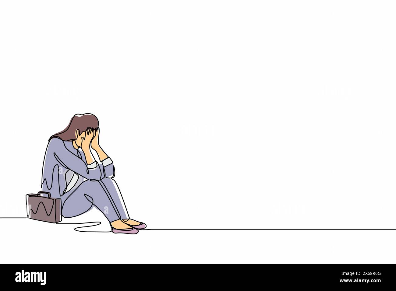 Single continuous line drawing businesswoman feeling sad and depression ...