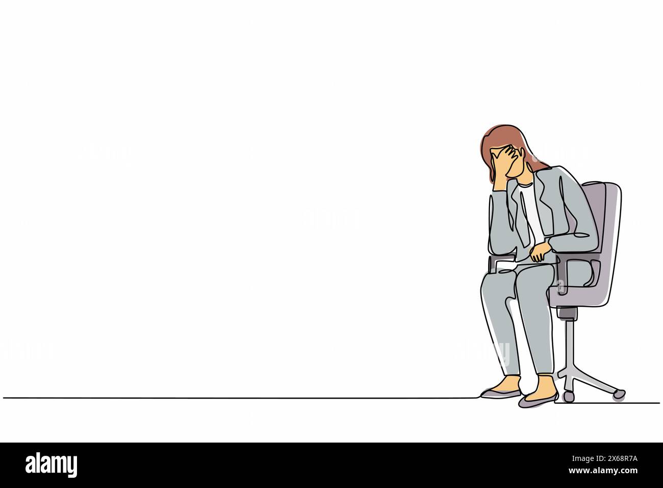 Single one line drawing sad depressed businesswoman sitting on chair ...