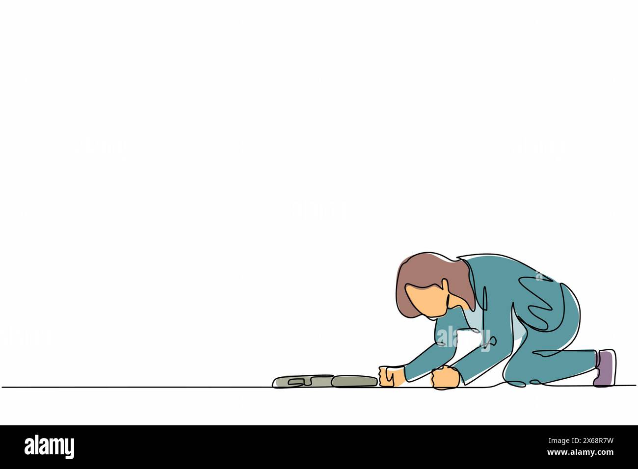 Single continuous line drawing depressed businesswoman with briefcase ...