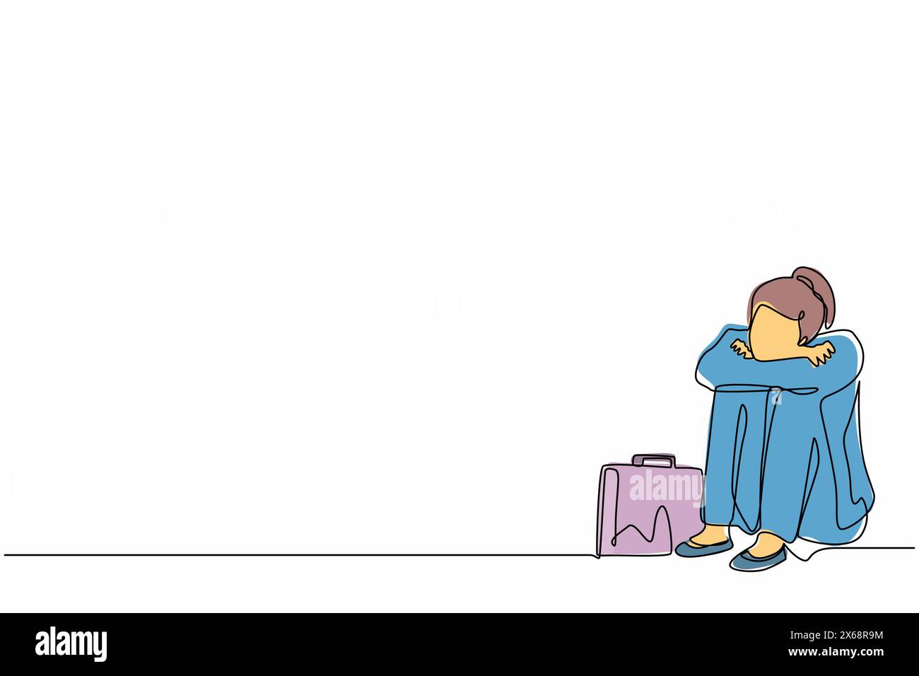 Single continuous line drawing depressed businesswoman suffer emotion ...