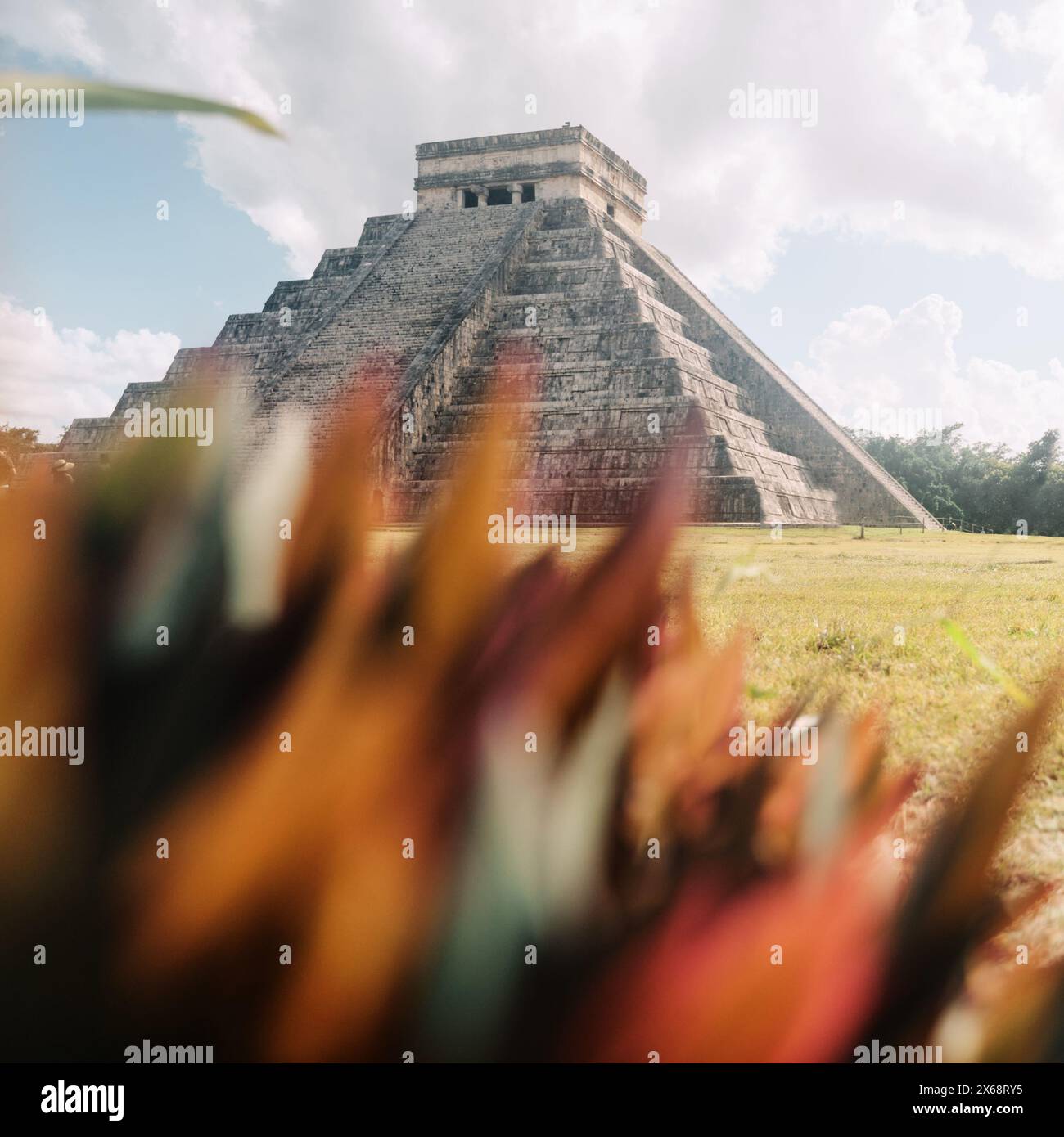 Chichen Itza pyramid through vibrant foreground, Mexico Stock Photo - Alamy