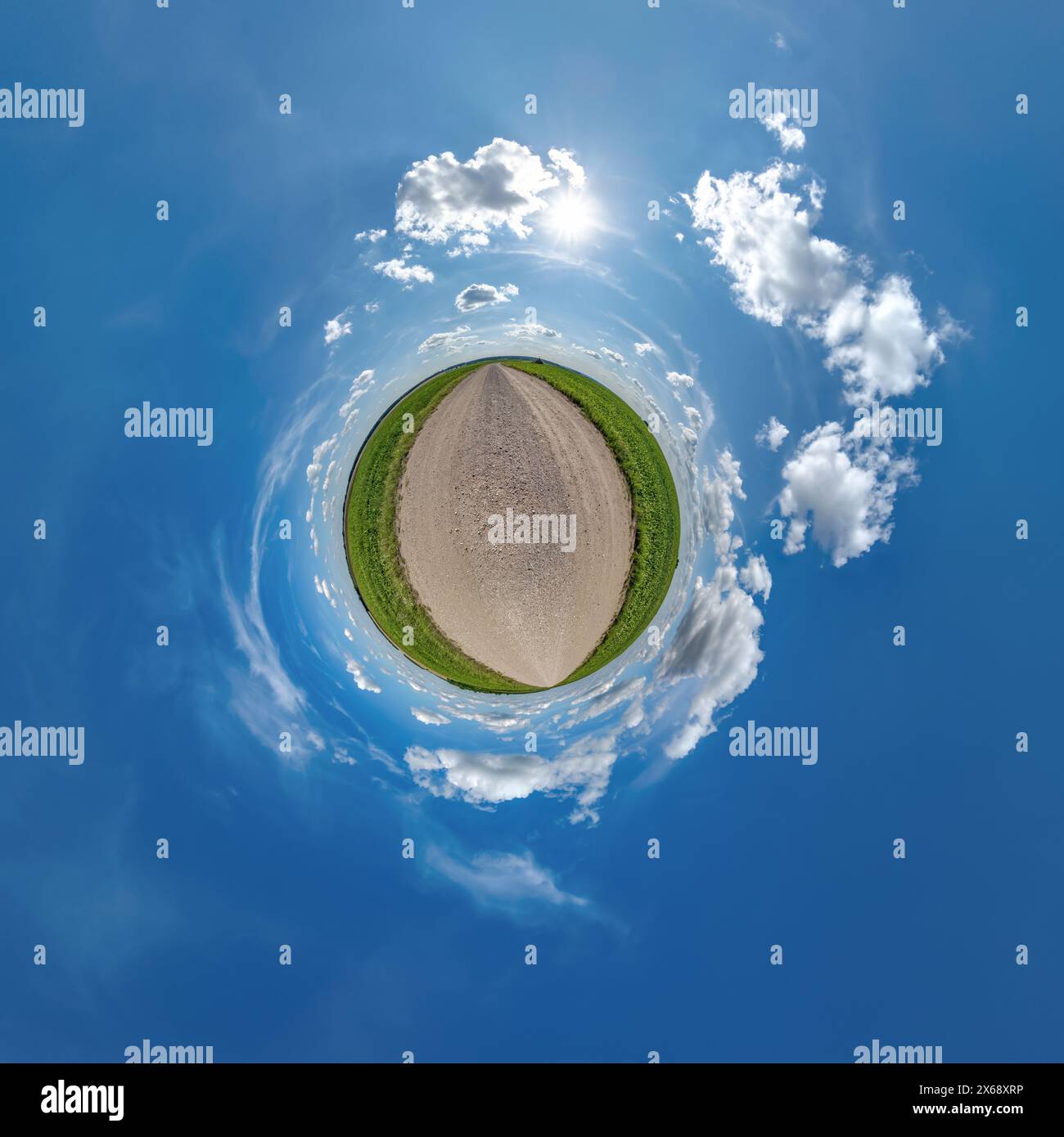 simple tiny planet without buildings in blue sky with beautiful clouds ...