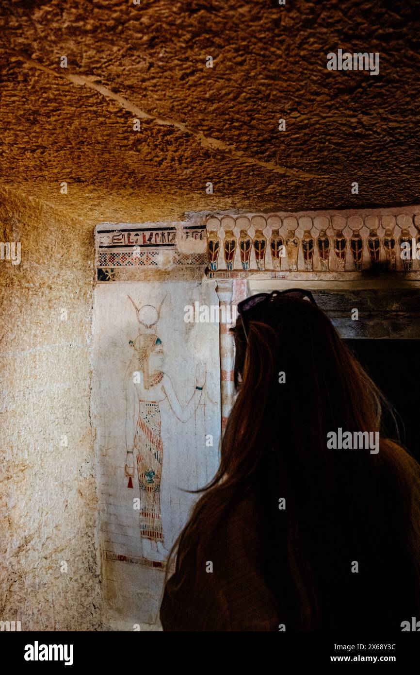 Hieroglyphs in tomb in Mountain of dead in Siwa Oasis, Egypt Stock ...