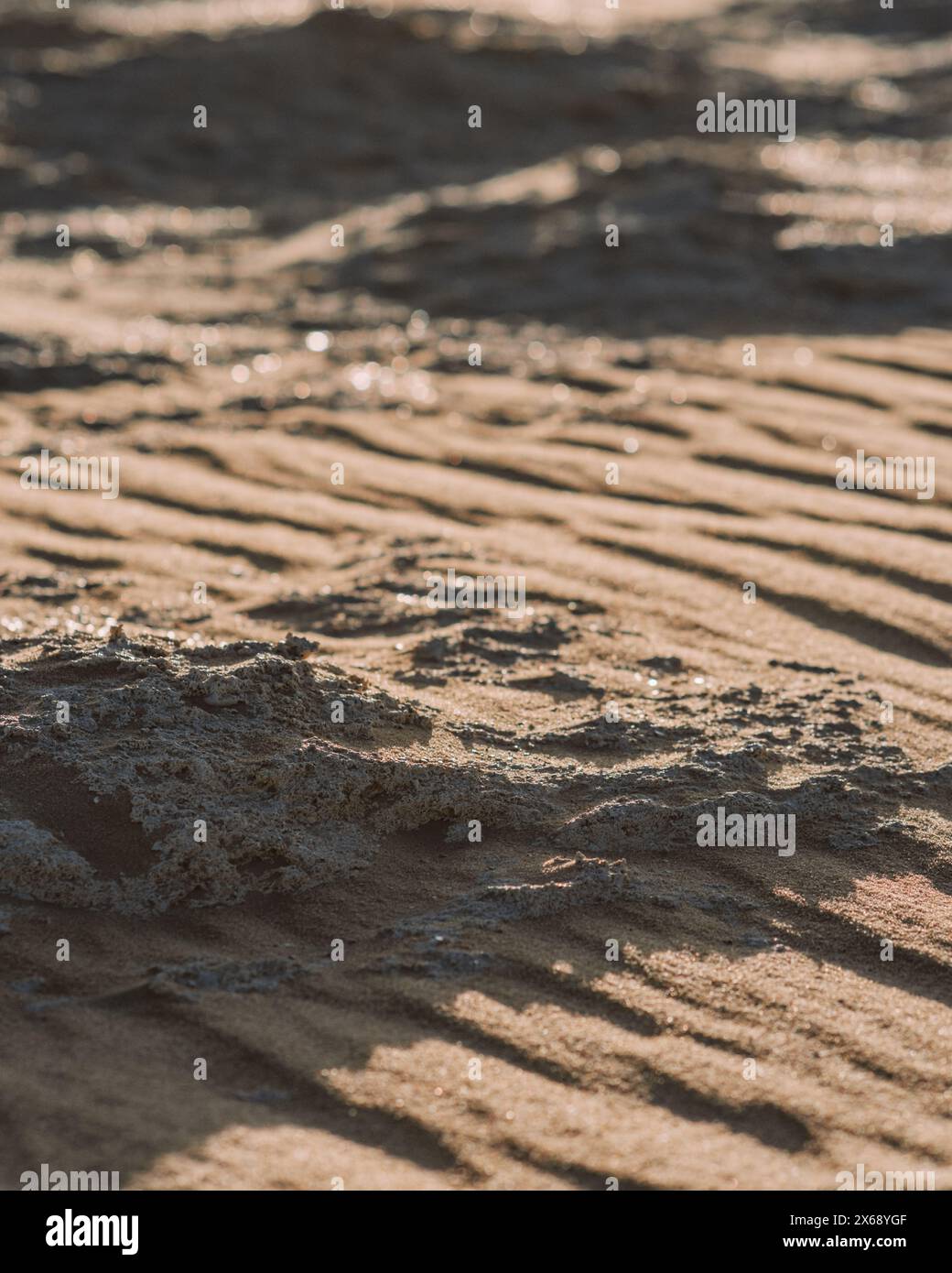 Close-up of a unique rock formation on sandy ground with footprints ...