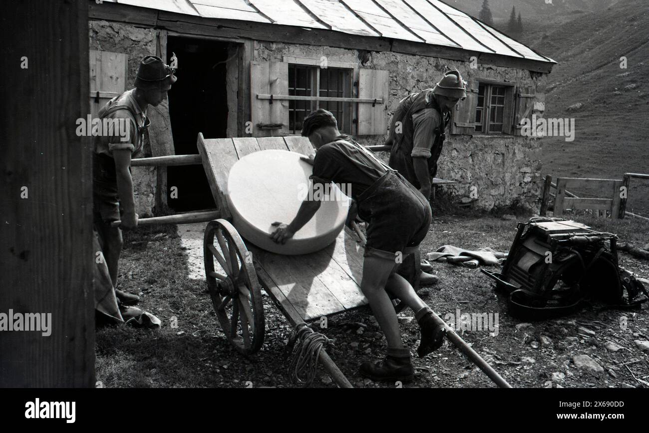 Cheese pulling, men loading cheese onto a wagon, Zipfelsalpe, Allgäu ...