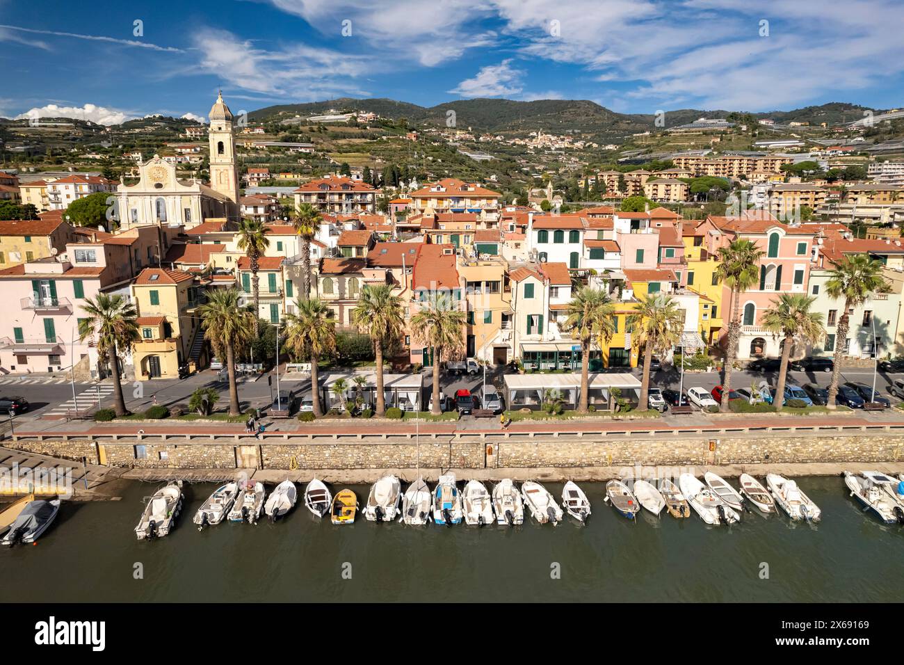 Town view with San Maurizio church and Marina Riva Ligure seen from the ...