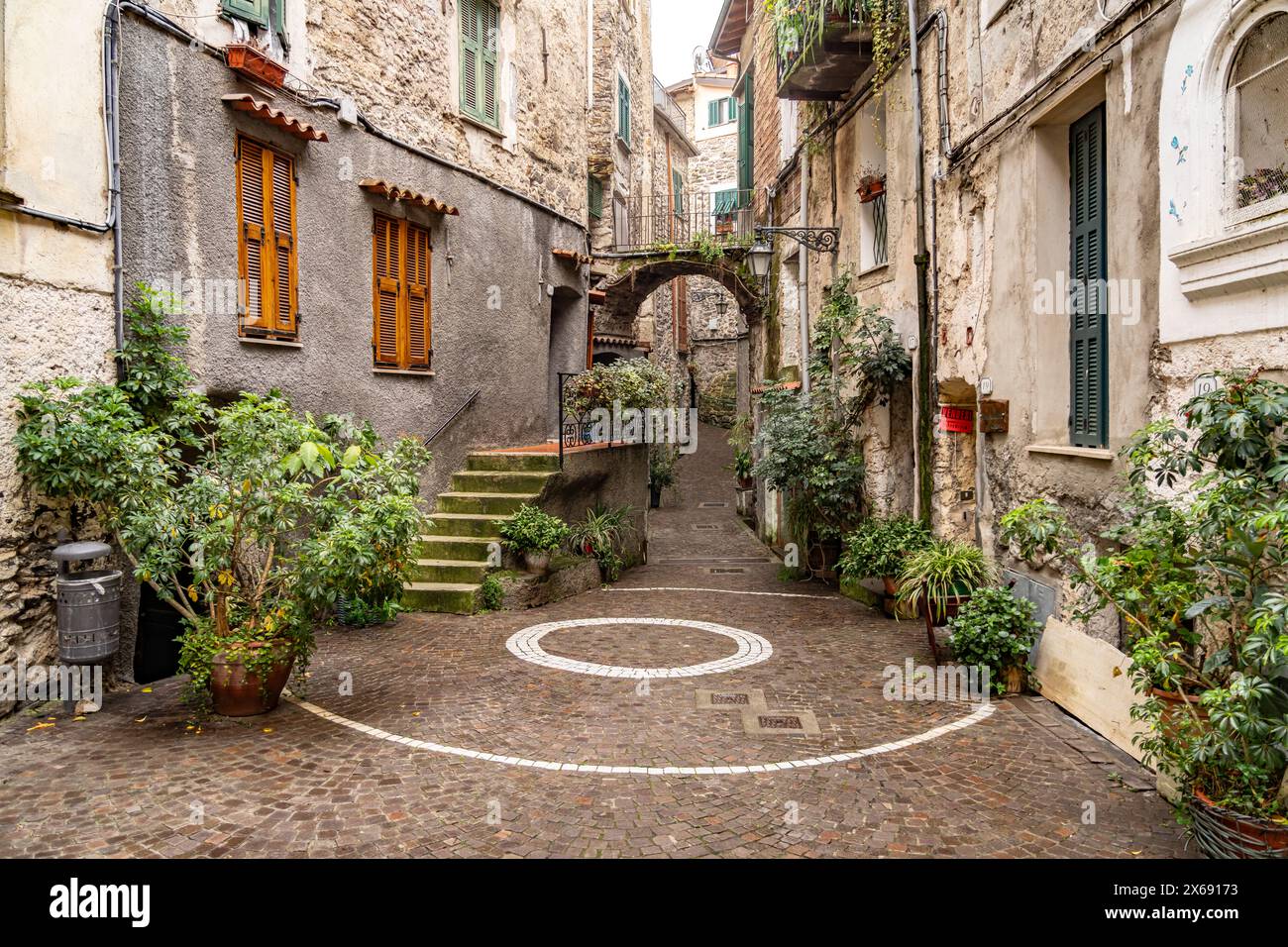 Narrow alleyways in the medieval village of Rocchetta Nervina in Val ...