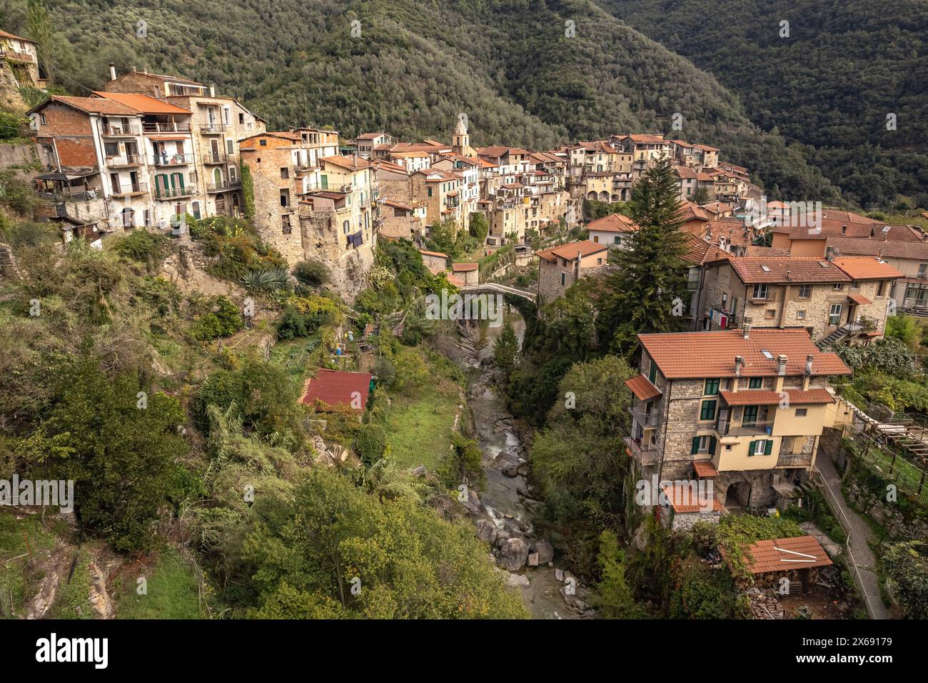 The medieval village of Rocchetta Nervina in Val Nervia seen from the ...
