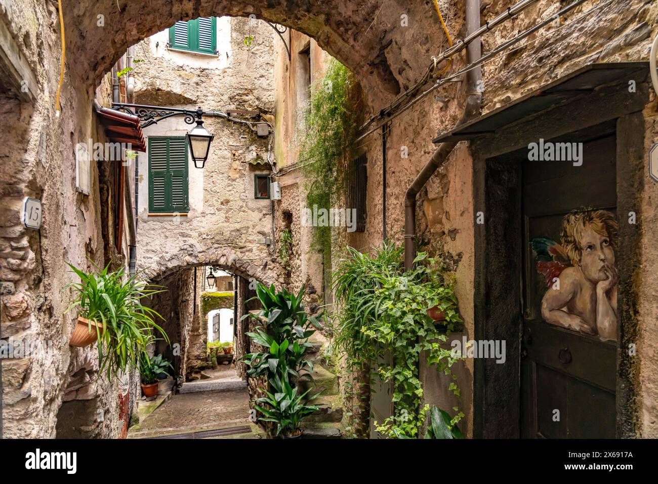 Narrow alleyways in the medieval village of Rocchetta Nervina in Val ...