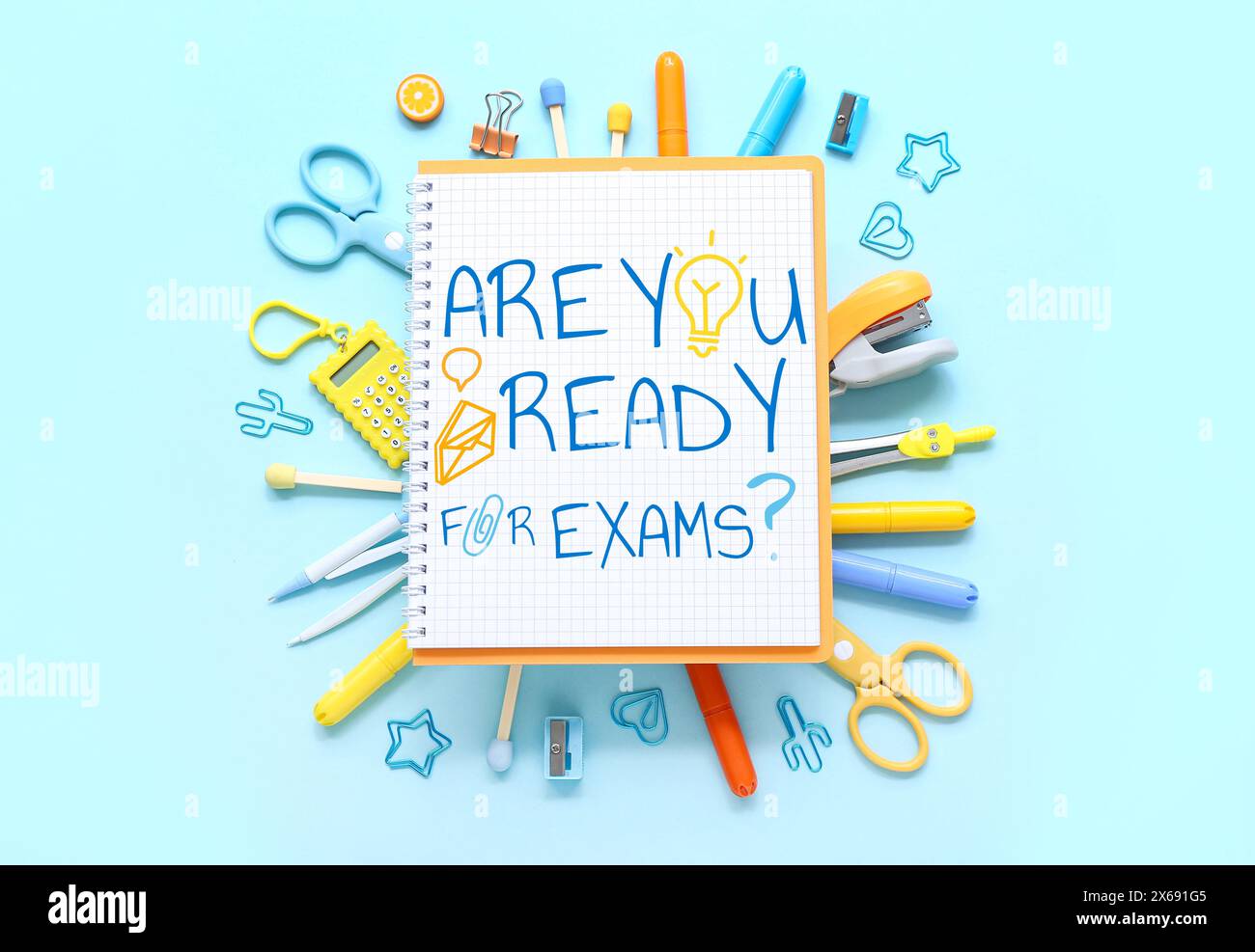 Banner with school supplies and text ARE YOU READY FOR EXAMS Stock ...