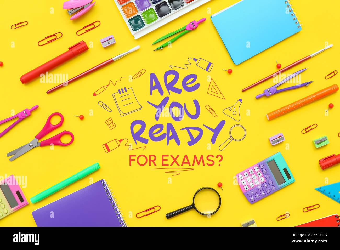 Banner with school supplies and text ARE YOU READY FOR EXAMS Stock ...