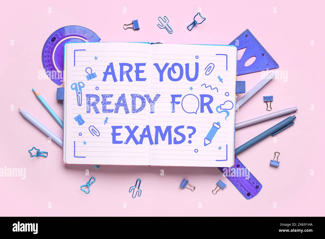 Banner with school supplies and text ARE YOU READY FOR EXAMS Stock ...