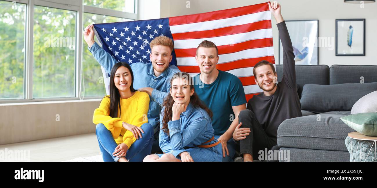 Happy friends with USA flag at home. Independence Day celebration Stock ...