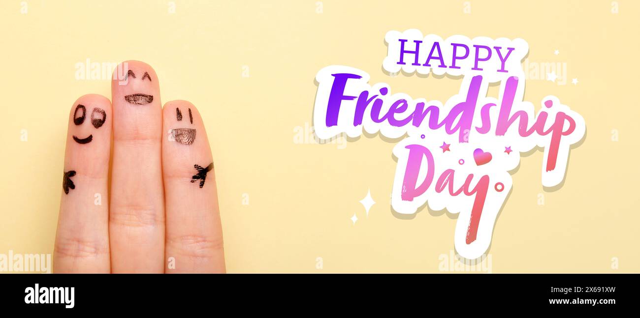 Banner for Happy Friendship Day with human fingers with drawn faces ...