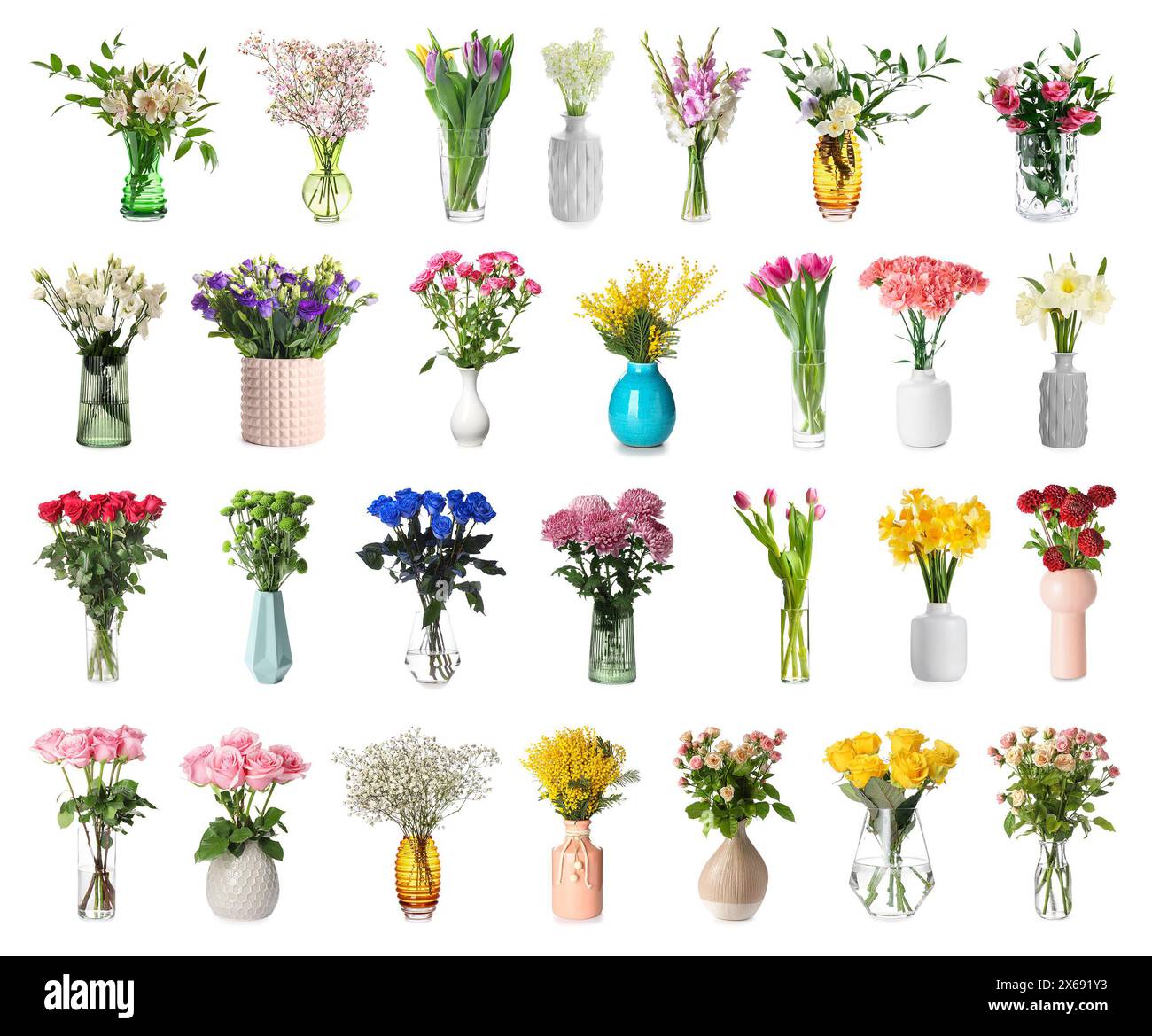 Set of many bouquets of different flowers in vases on white background ...