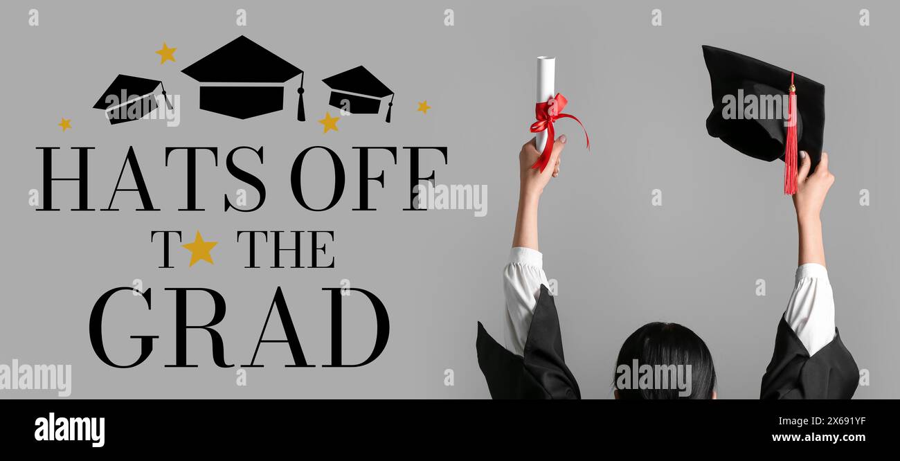 Banner with text HATS OFF TO THE GRAD and bachelor holding diploma and ...