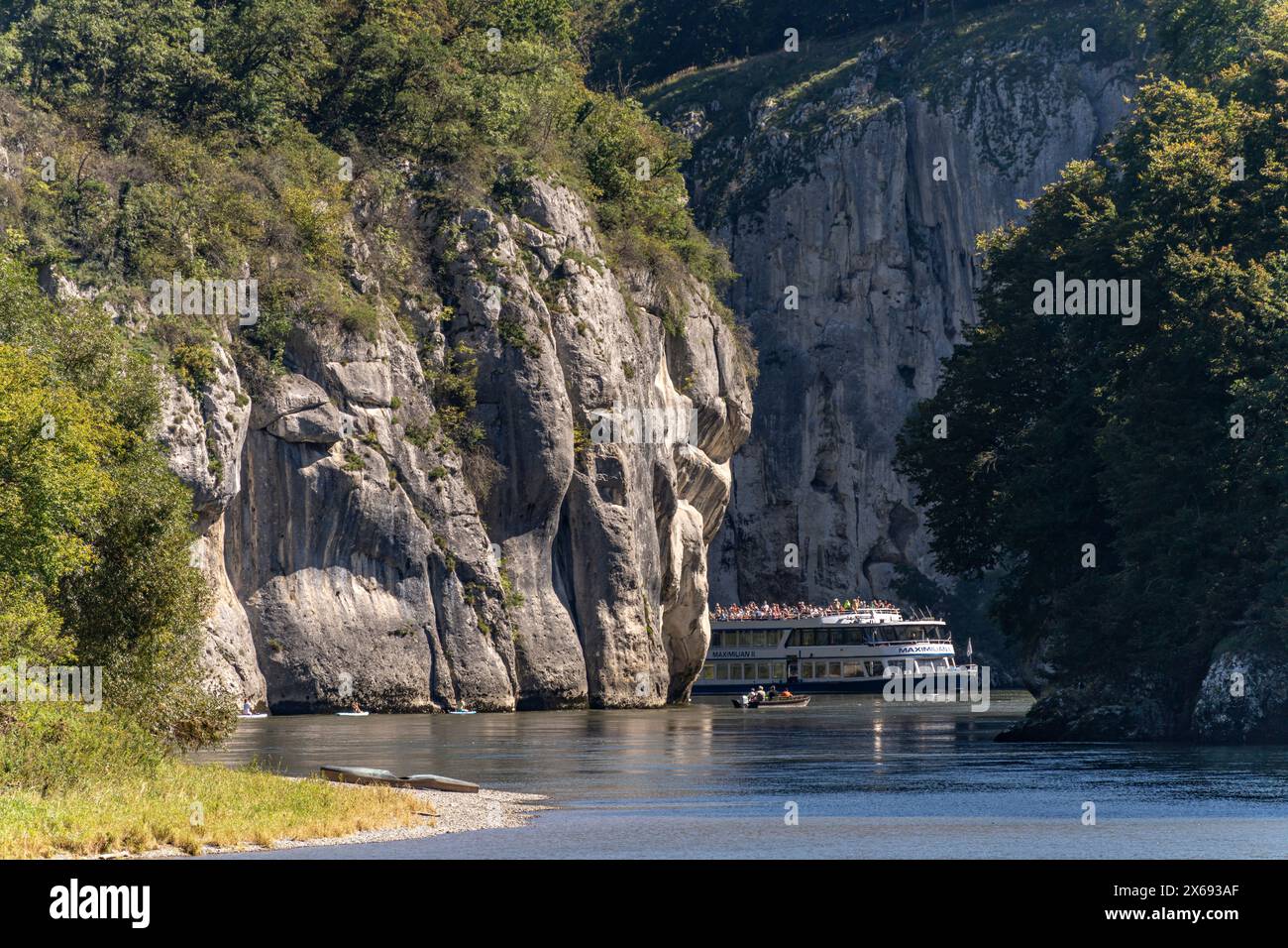 Excursion boat in the Weltenburger Enge, Danube gorge near Weltenburg ...