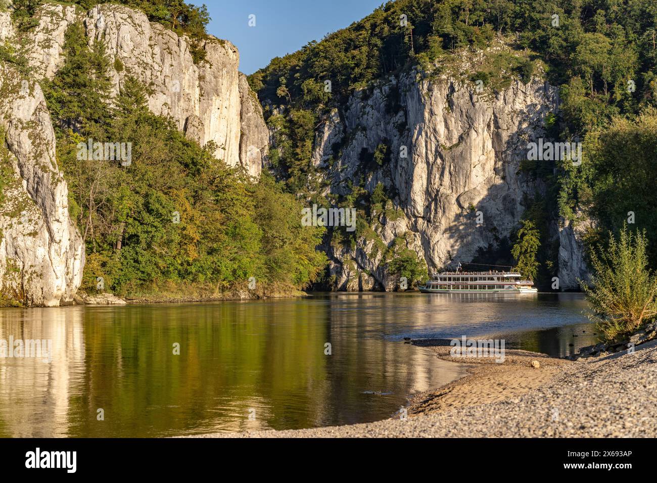 Excursion boat in the Weltenburger Enge, Danube gorge near Weltenburg ...