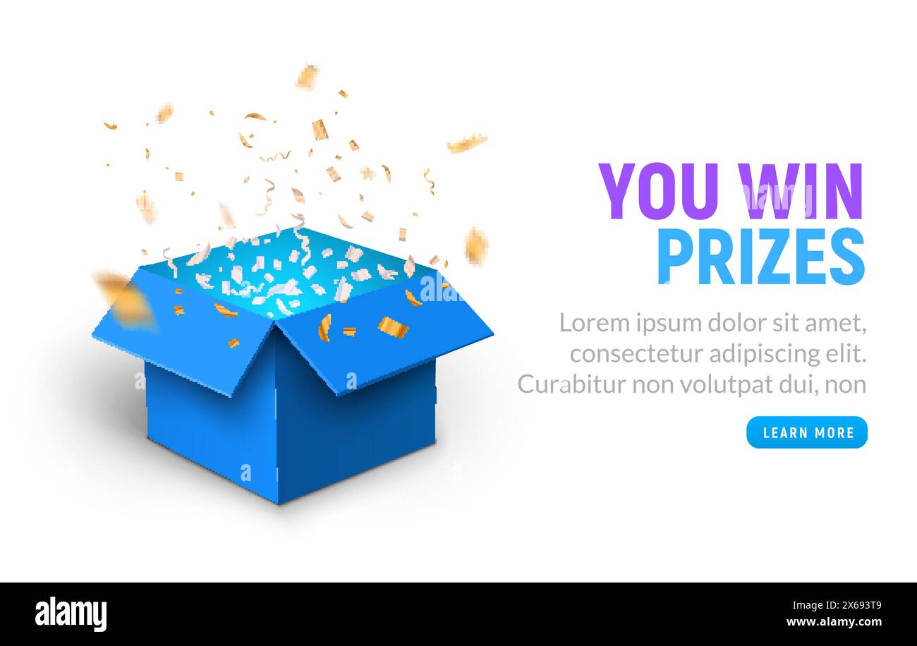 Vector prize gift box confetti explosion background. Open box winner ...