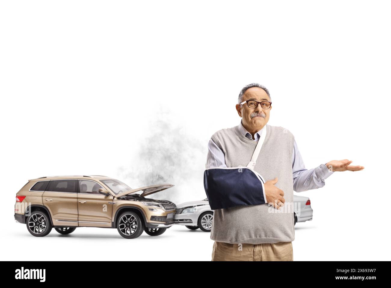Car accident and an injured man with a broken arm isolated on white ...