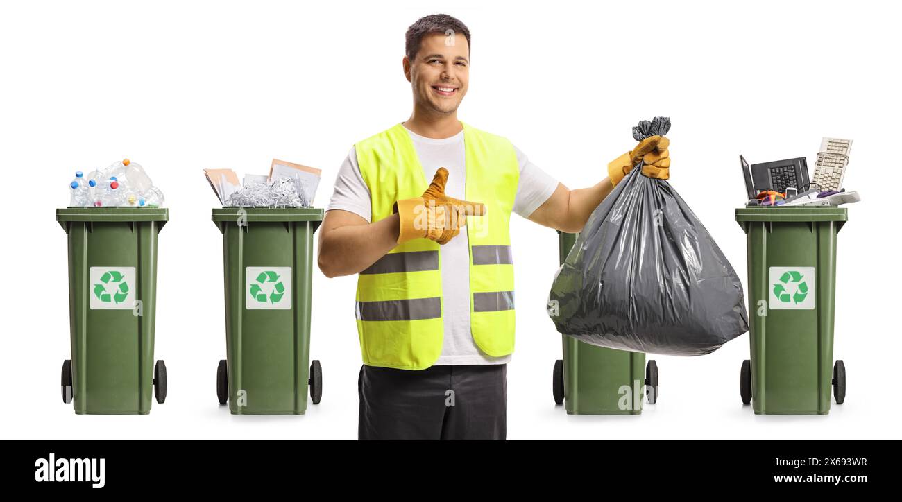 Recycling waste collector holding a black bin bag and pointing isolated ...