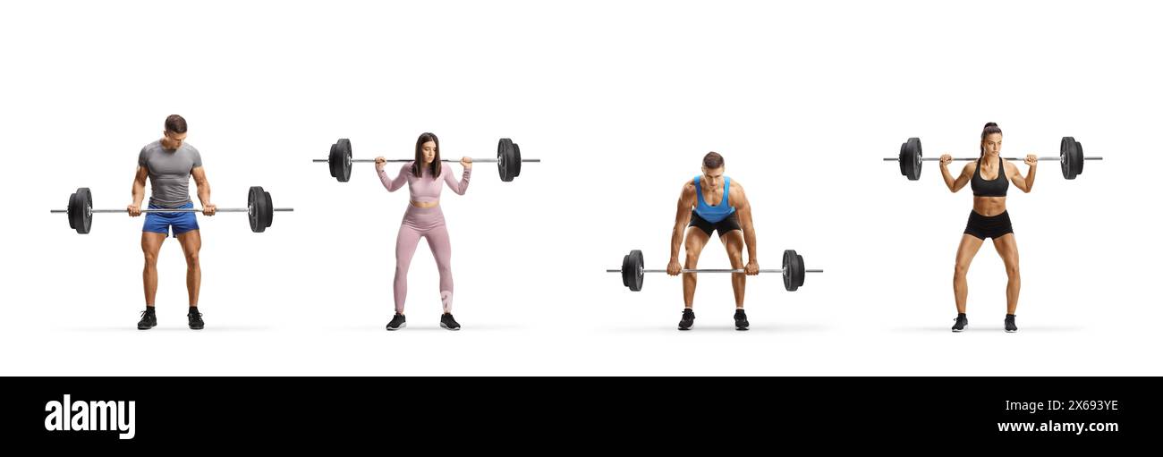 Sporty men and women standing and lifting heavy weights isolated on ...