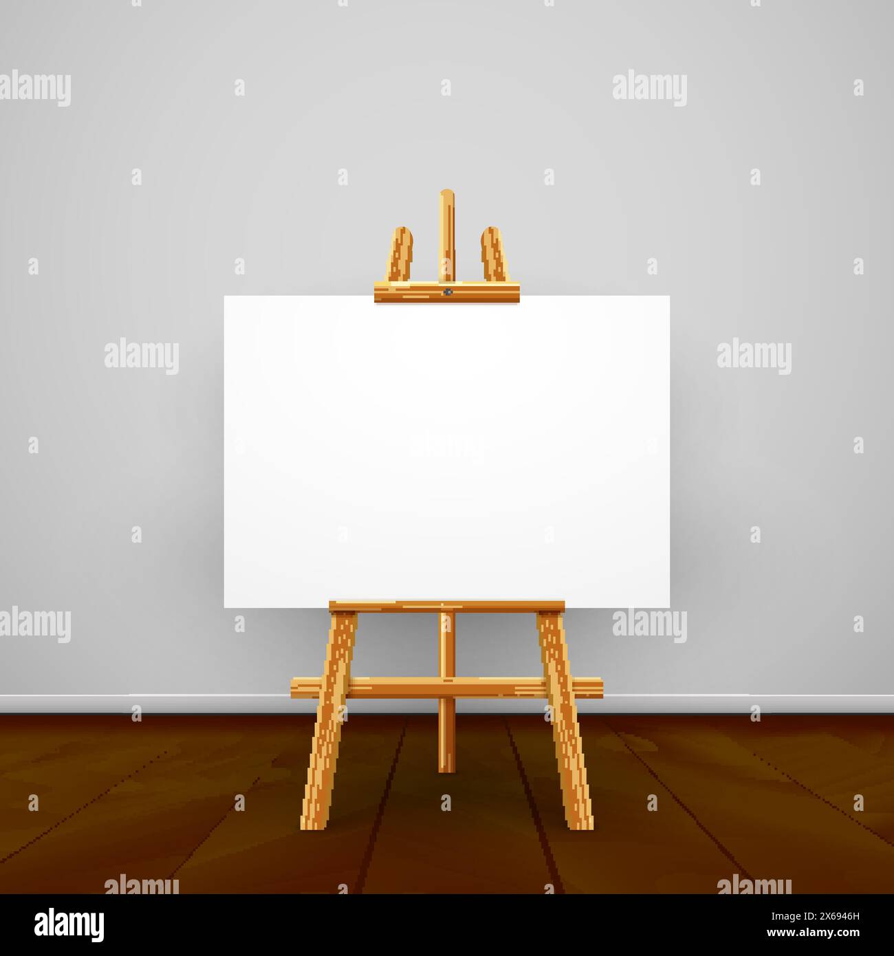 Wooden easel canvas board isolated stand in front wall. Blank empty vector easel poster ...