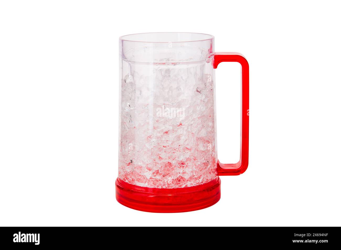 Empty red beer mug with ergonomic handle isolated on white background ...