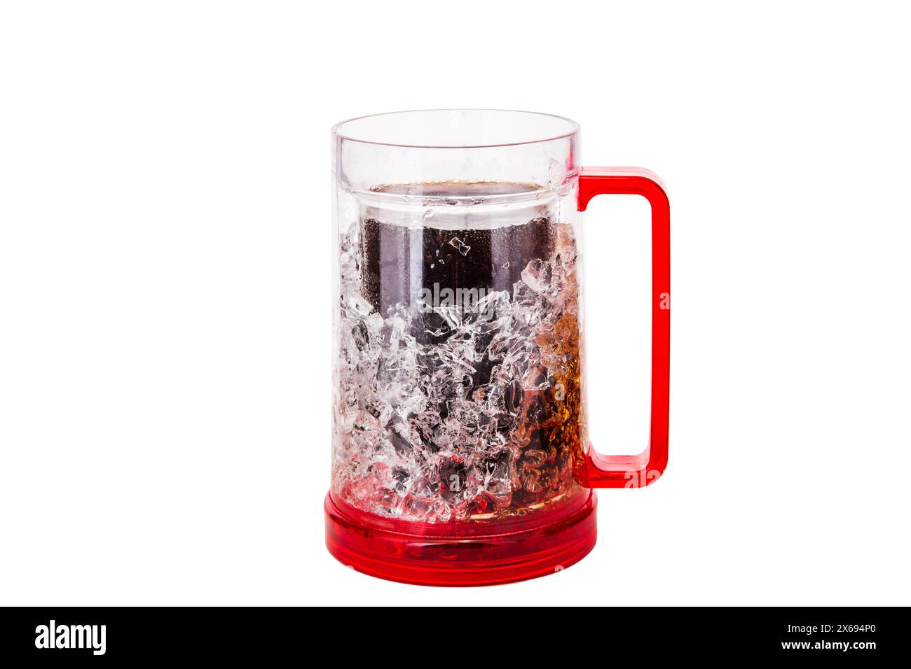 Full red beer mug with coke with ergonomic handle isolated on white ...