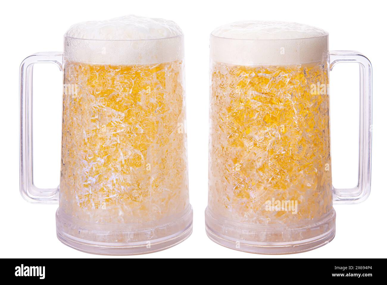 Two full beer mugs with beer and foam and ergonomic handle isolated on ...