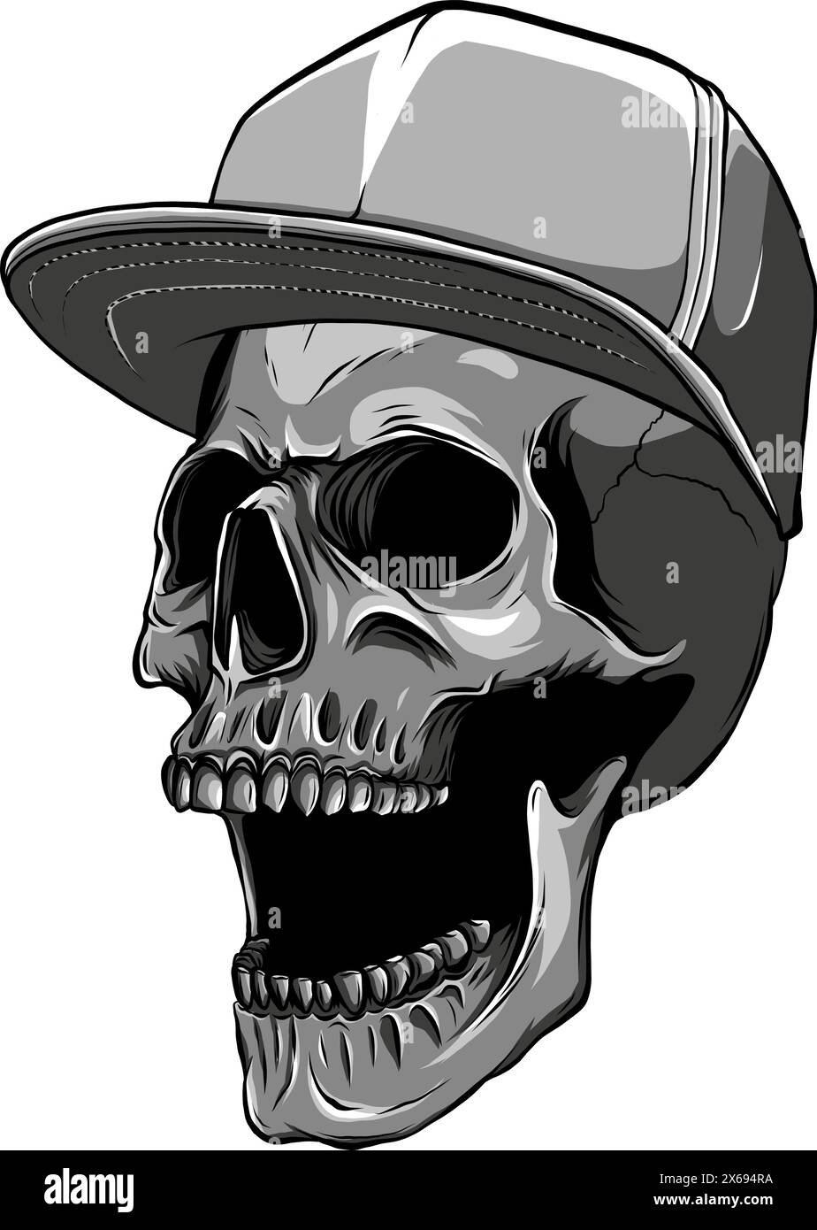 vector illustration of monochrome Angry skull with hat on white ...