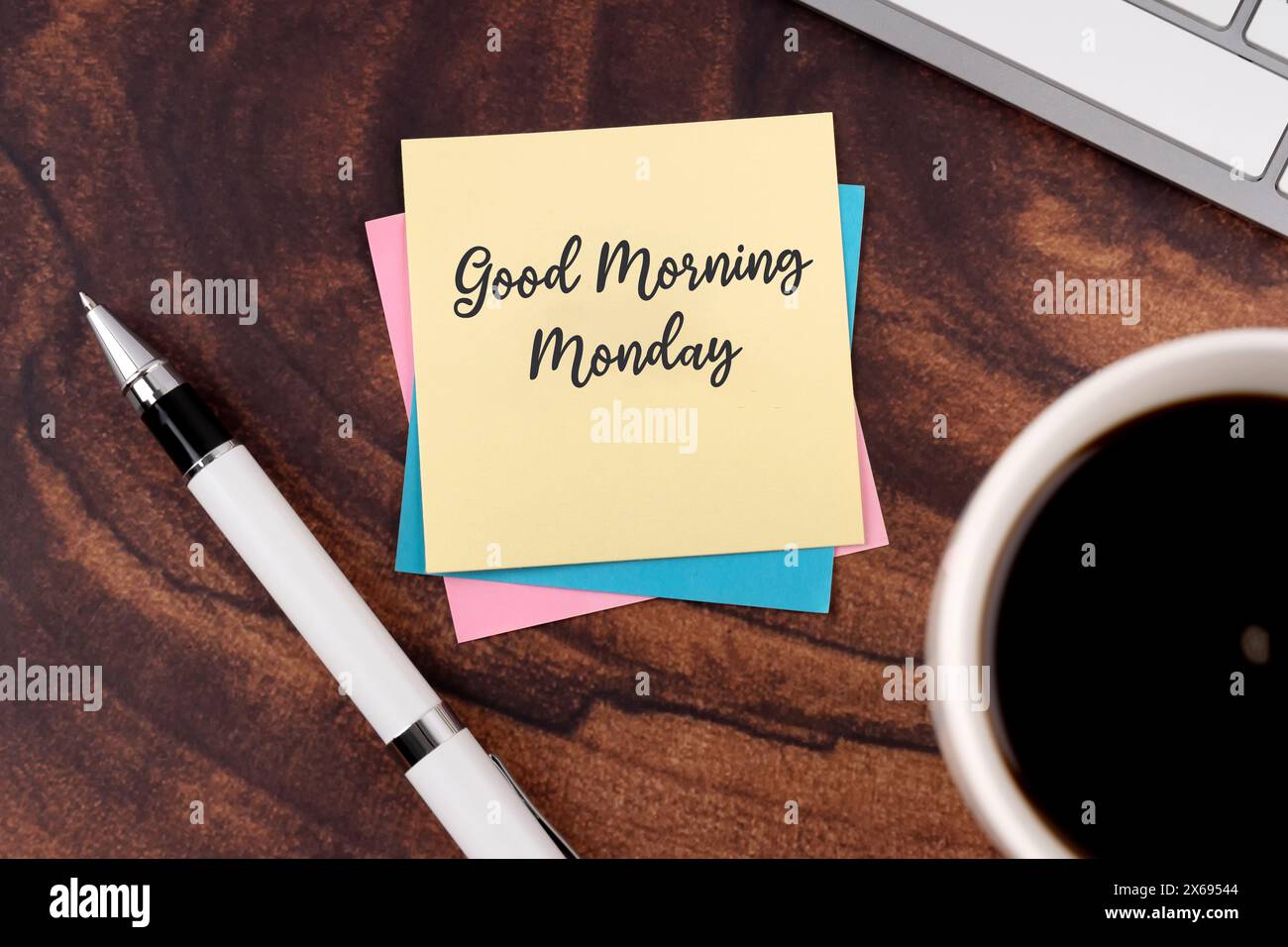High angle view of adhesive note and text Good Morning Monday Stock ...