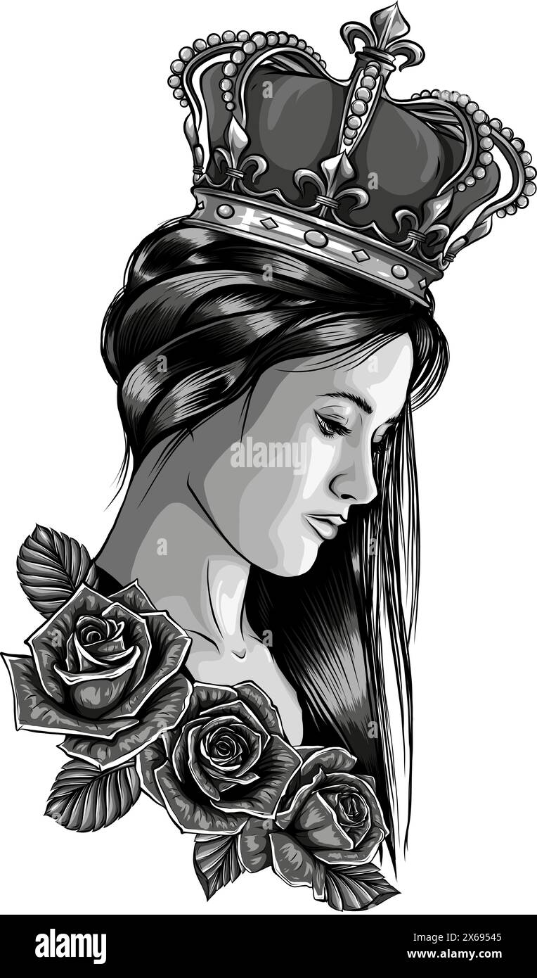 woman with crown and roses in monochrome style isolated vector ...