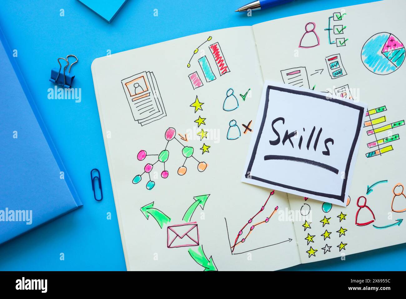 Open notepad with work graphs and charts and word skills Stock Photo ...