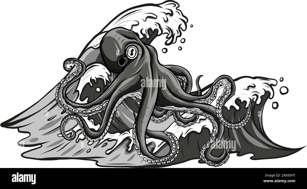 vector illustration of monochrome octopus with wave Stock Vector Image ...