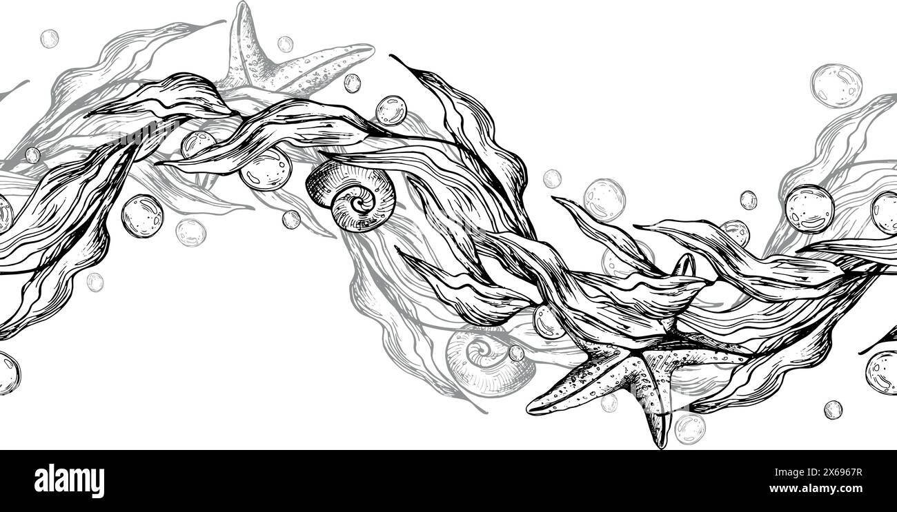 Seaweed in the shape of a wave with starfish and water bubbles. Graphic ...