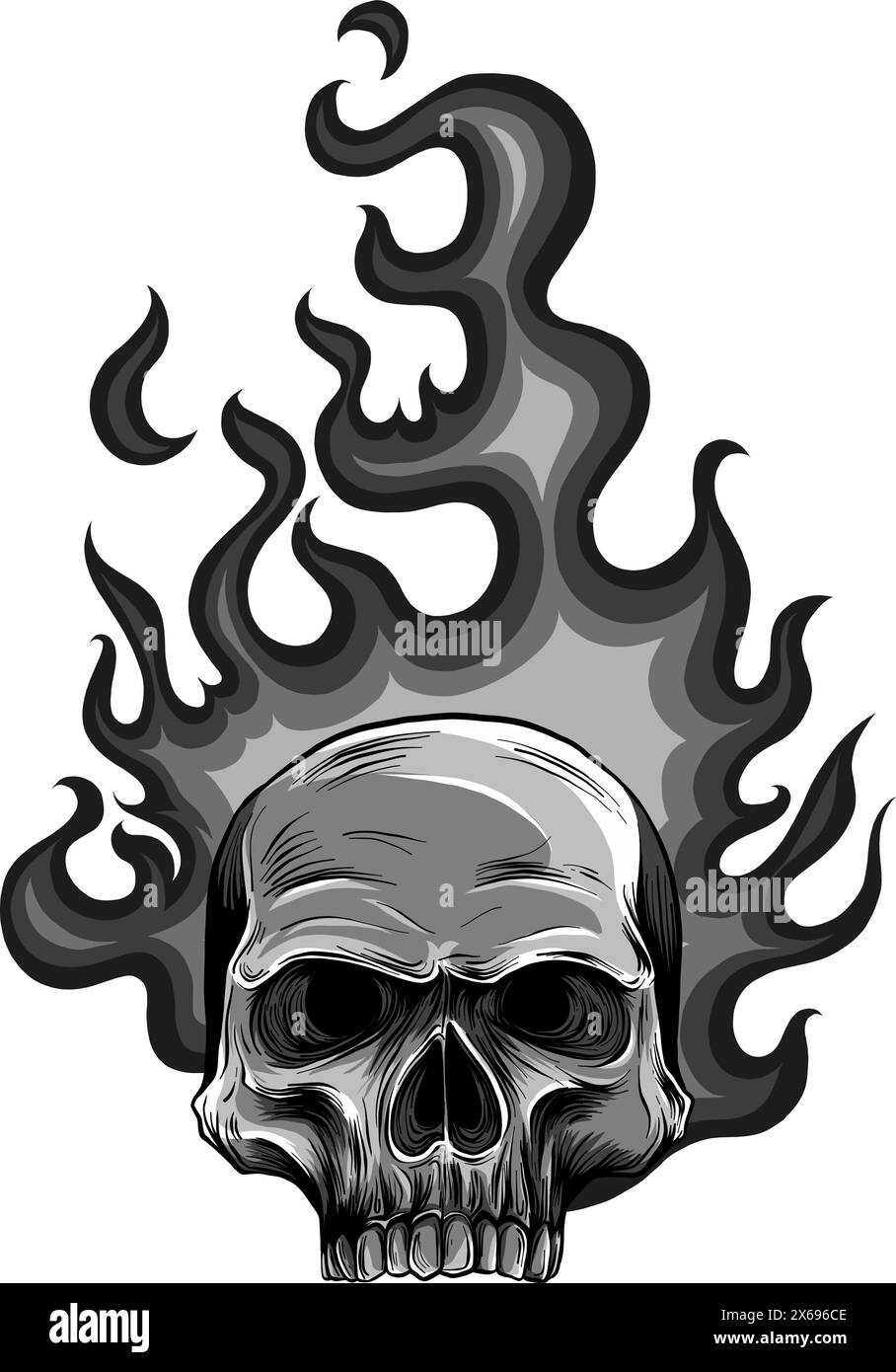 Skull on Fire with Flames Vector Illustration. black and white fire ...