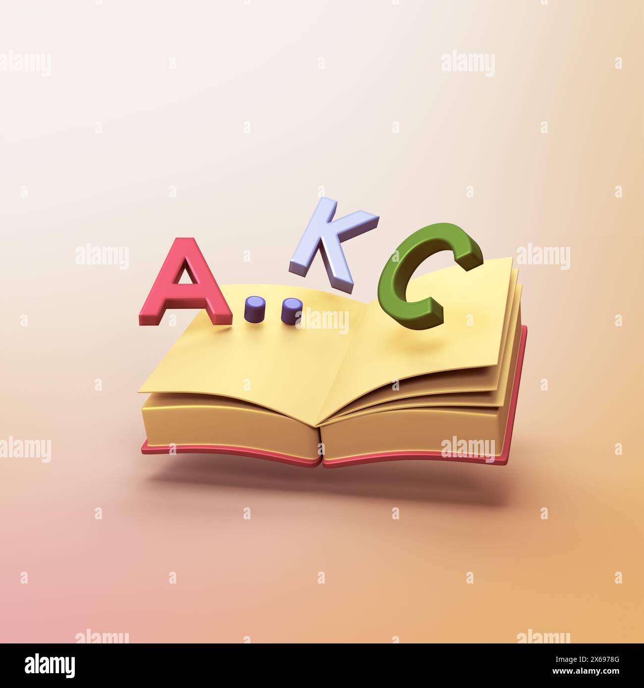 Opened book with alphabet letters - stylized 3d CGI icon object Stock ...