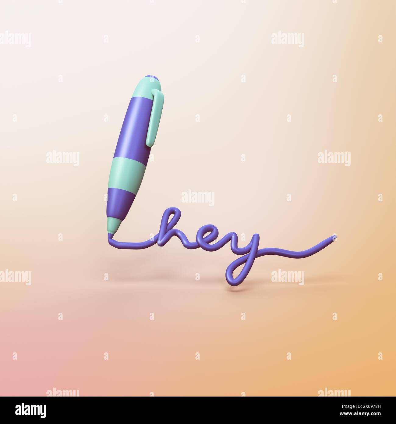 Pen drawing word hey - stylized 3d CGI icon object Stock Photo - Alamy