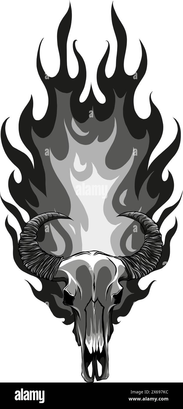 Monochrome illustration of Bull Skull with flame son white background ...