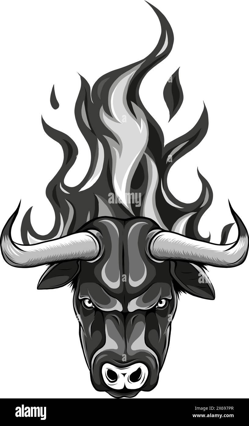 vector illustration of monochrome head bull with flames on white ...