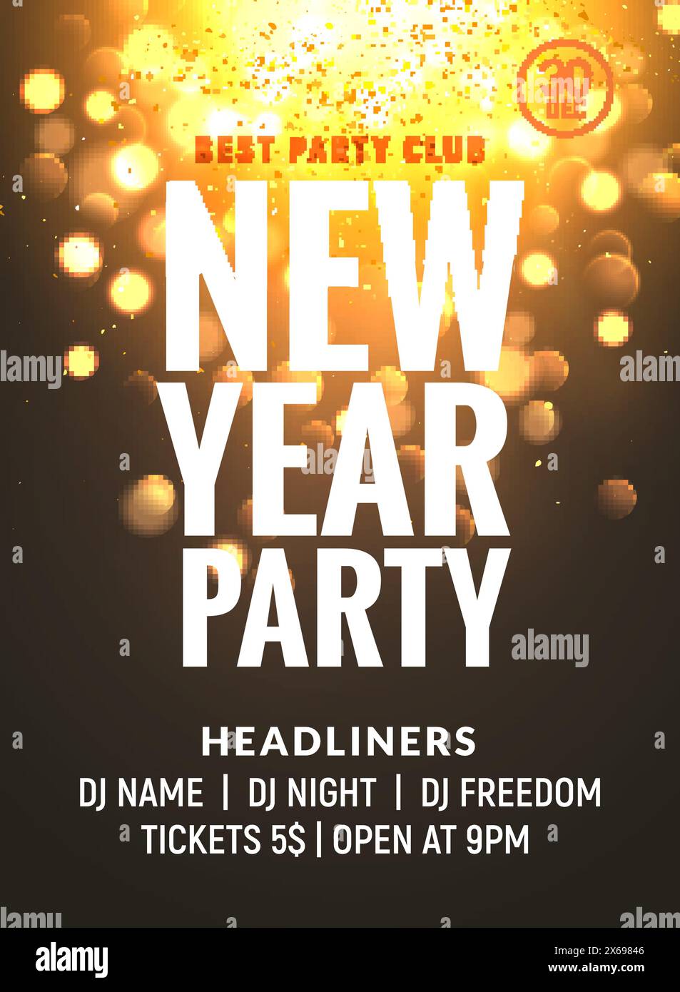 New Year party bokeh design lights. New year dance disco poster glow ...