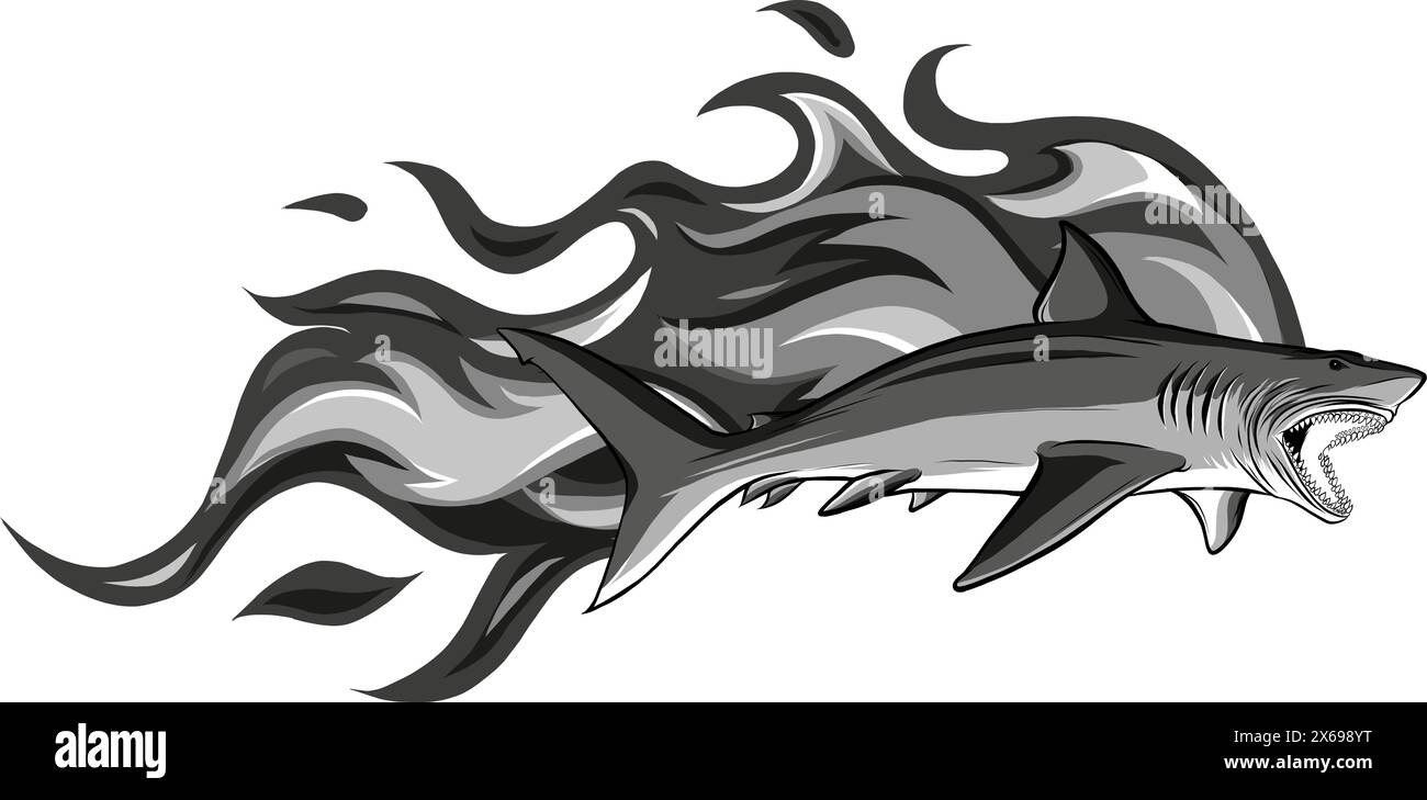 vector illustration of Monochrome white shark with flames Stock Vector ...