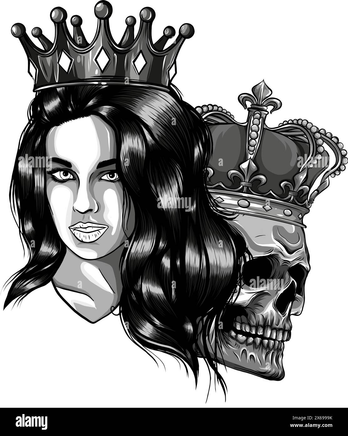 Monochrome Queen Girl With King Skull On White Background Stock Vector Image And Art Alamy