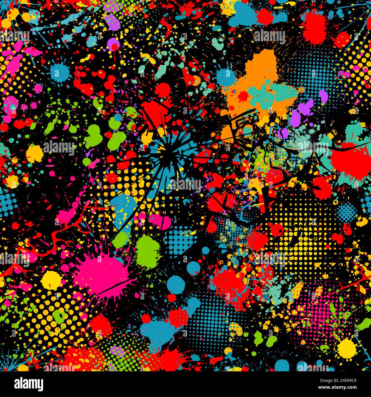 Seamless colored blots on a black background. hand drawing. Not AI ...