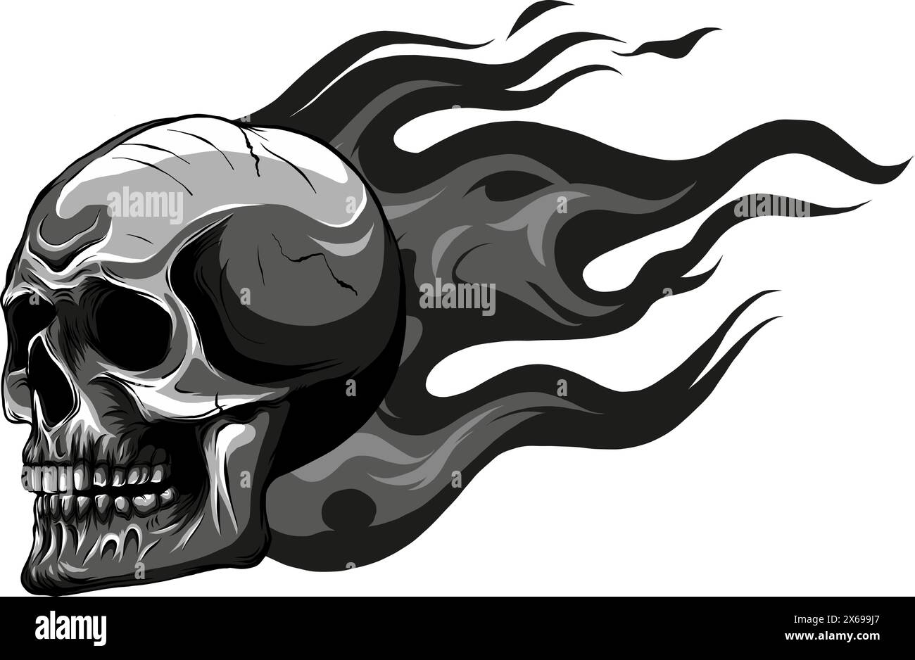 Skull on Fire with Flames Vector Illustration. black and white fire ...