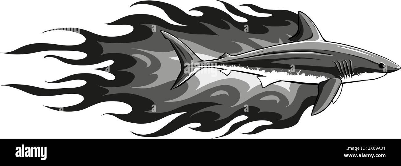 vector illustration of Monochrome white shark with flames Stock Vector ...
