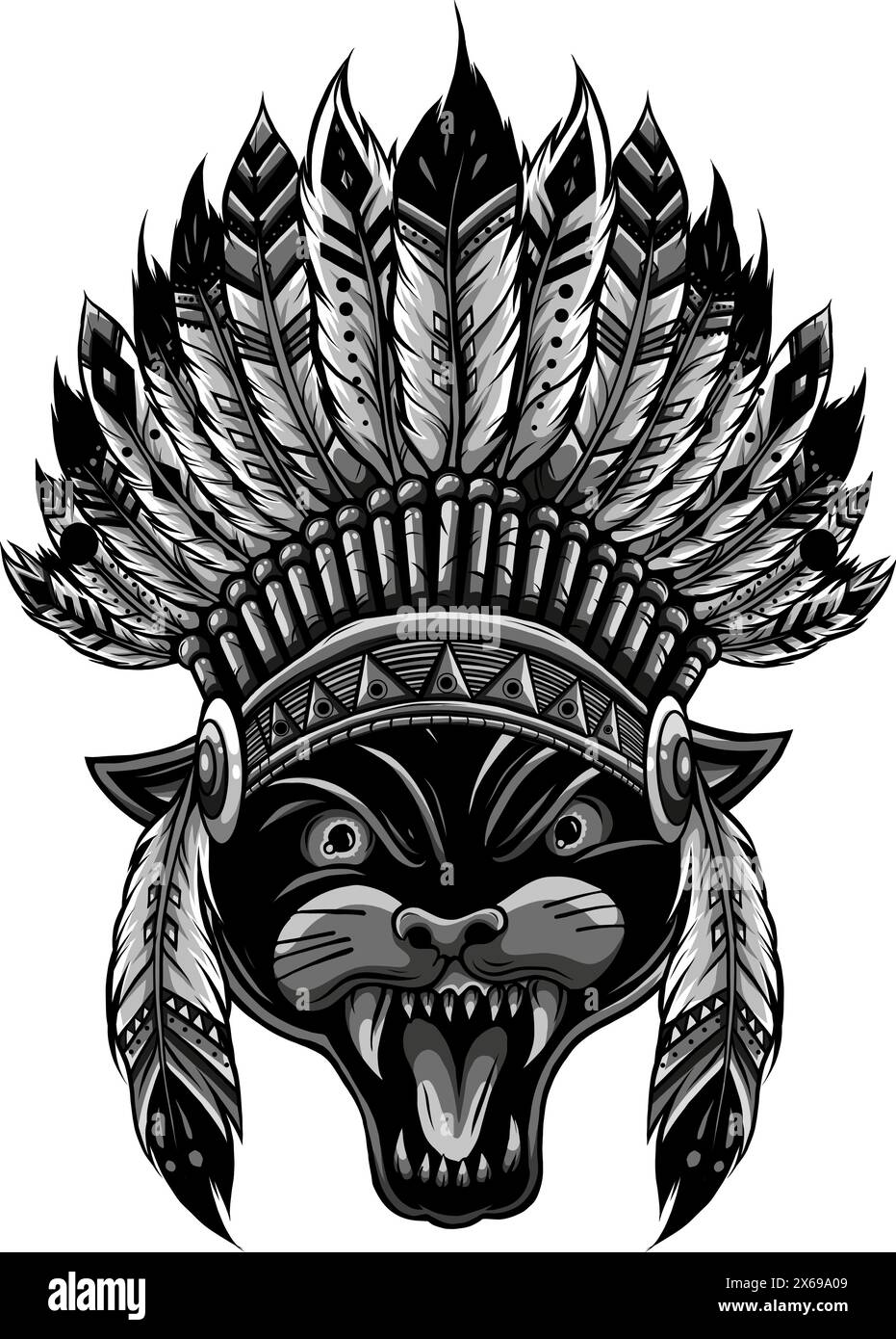 monochrome Black panther, puma. Head of animal. Wild cat portrait ...