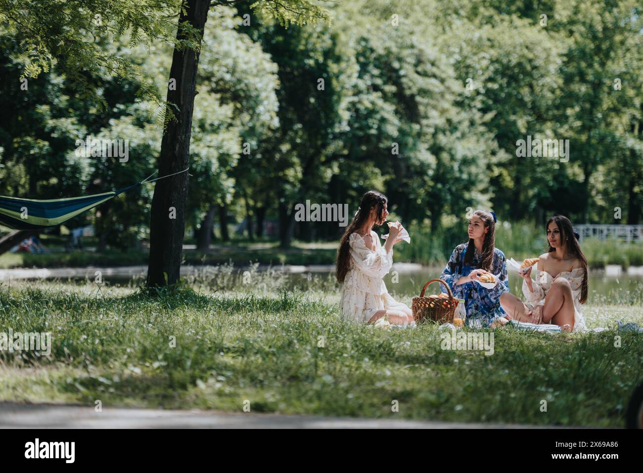 Three young women enjoying a sunny picnic in the park, sharing laughter ...